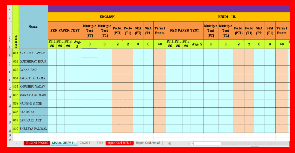 CBSE Term 1 Report Card 2021-22 Excel File Class 1 To 8 - Comprehensive ...