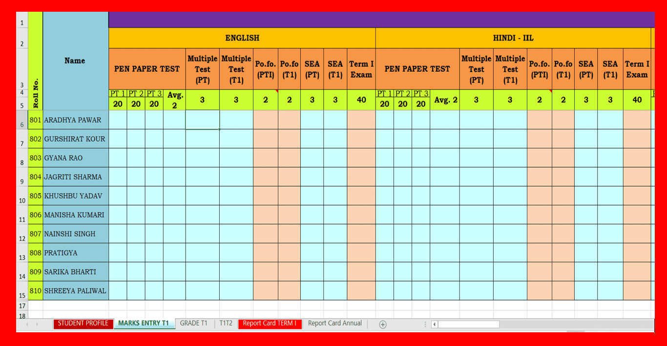 CBSE Term 1 Report Card 2021-22 Excel File Class 1 To 8 - Comprehensive ...